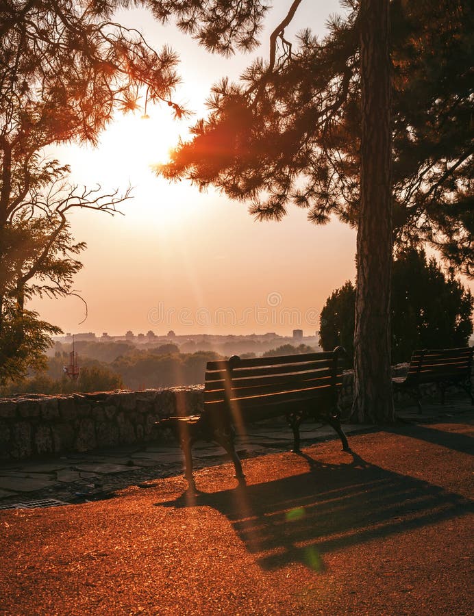 Colorful Sunset Scenery on Castle Path with a Bench Background Stock ...