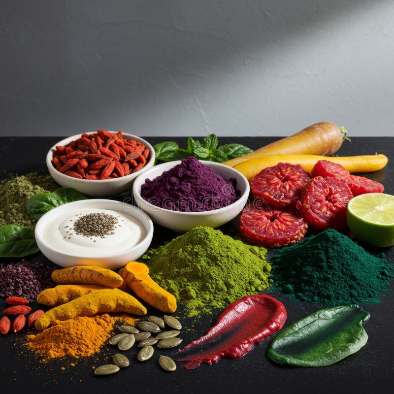 Colorful Superfoods and Ingredients on Dark Surface Stock Illustration ...