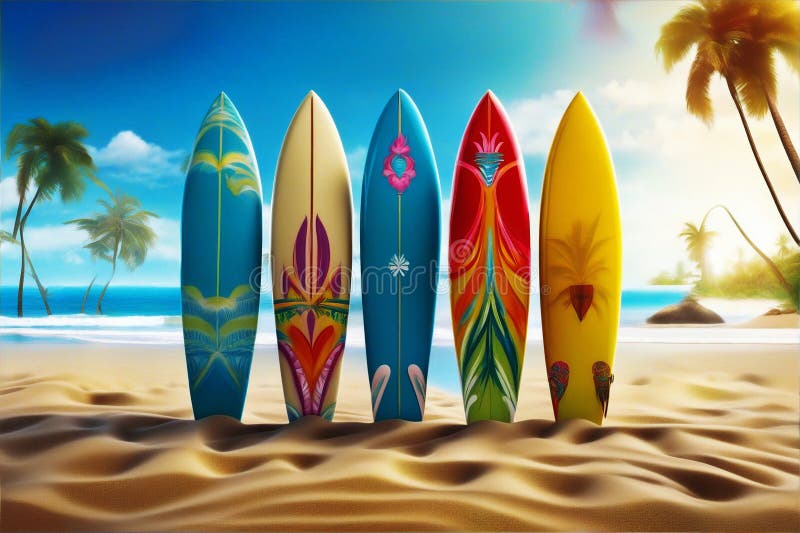 5 Colorful Surfboards on Beach Stock Illustration - Illustration of ...