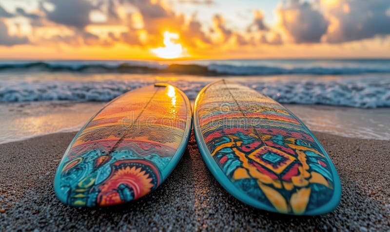 Colorful Surfboards on Sandy Beach at Sunset with Ocean Waves Stock ...