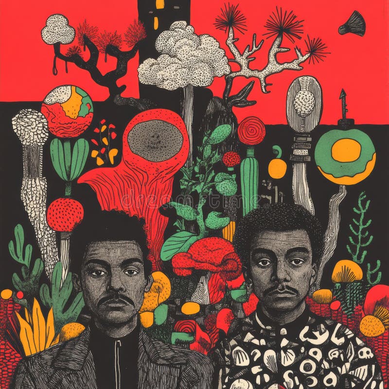 Colorful Surreal Artwork Depicting Two Men Surrounded by Abstract ...