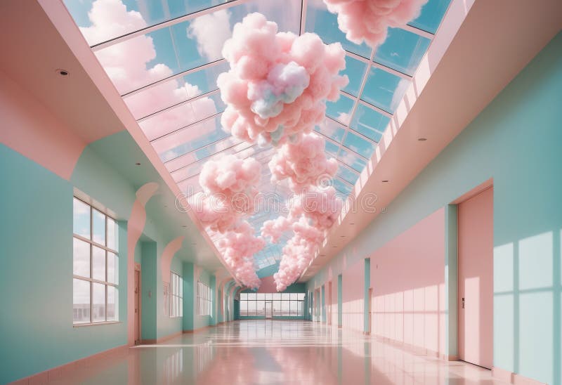 A Colorful, Surreal Indoor Hallway with Pastel-colored Clouds Stock ...