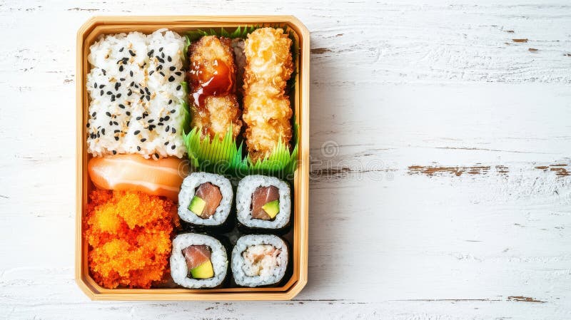 A Colorful Sushi Bento Box Featuring Various Sushi Types and ...