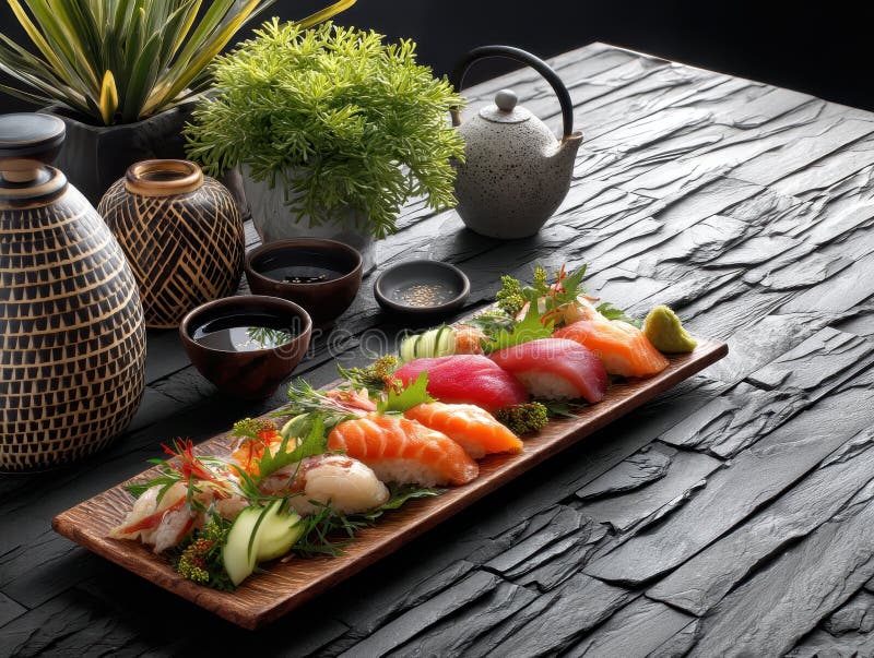 Colorful Sushi Display with Fresh Garnishes and Rustic Decor on Stone ...