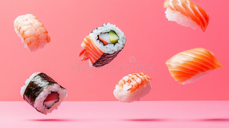 Sushi Rolls Falling Gracefully Against a Solid Red Background in a ...