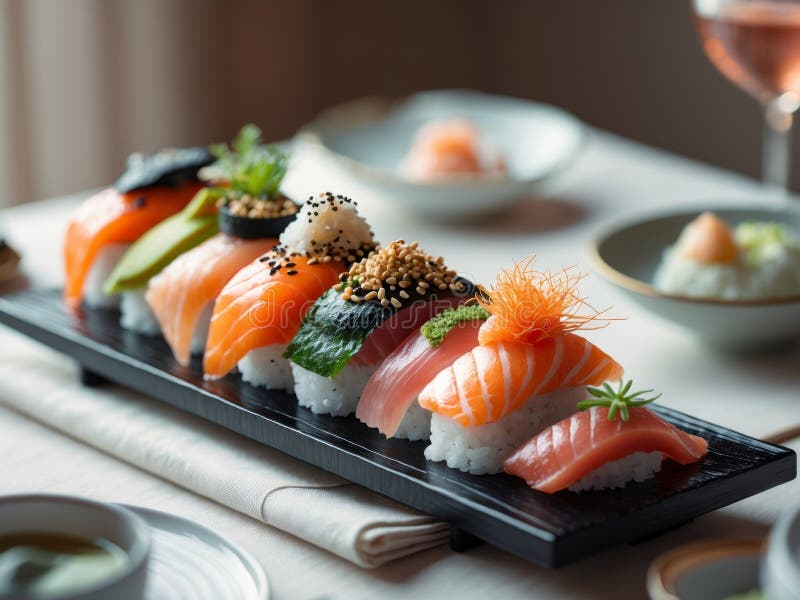 Colorful Sushi Platter Arranged with Fresh Fish and Vibrant Toppings in ...