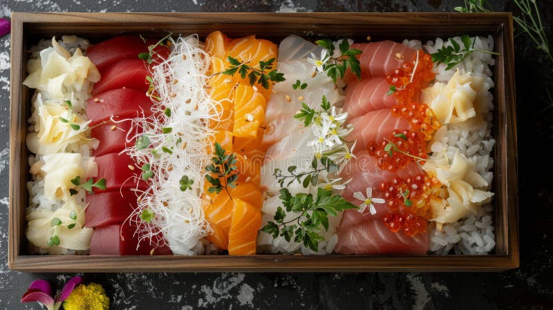 Colorful Sushi Platter Featuring Assorted Sashimi and Garnishes ...