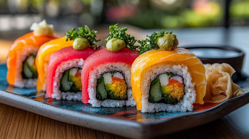 Colorful Sushi Rolls on Plate, Restaurant Stock Image - Image of ...