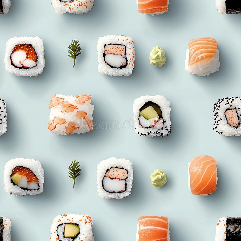 Colorful Sushi Variety on Blue Background with Wasabi and Ginger Stock ...