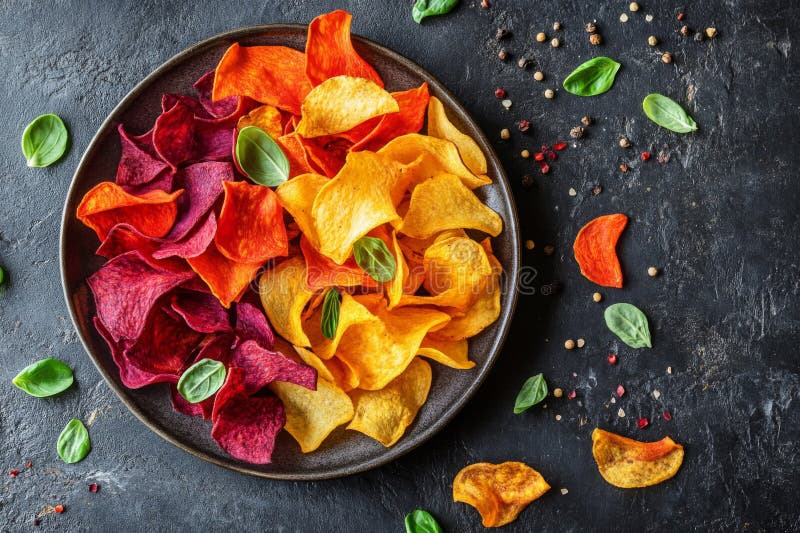Colorful Sweet Potato Chips and Basil Leaves on Black Background Stock ...