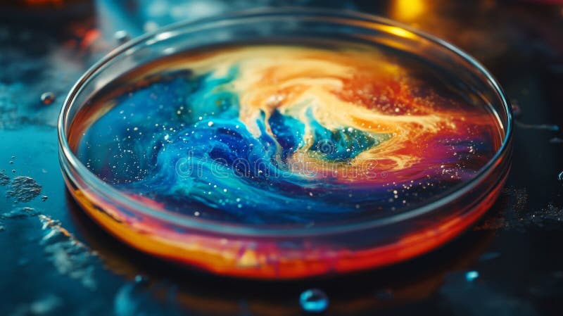 Colorful Swirling Liquid in a Glass Petri Dish Stock Illustration ...