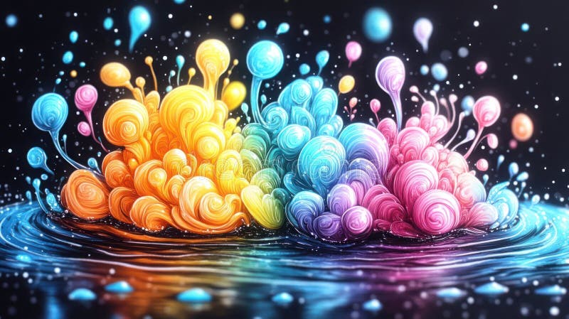 Colorful Swirls and Bubbles Emerging from a Reflective Surface ...