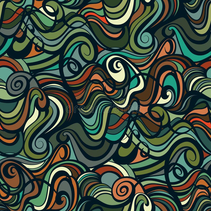 Chaotic Swirly Lines Seamless Pattern in Green, Brown, and Turquoise ...