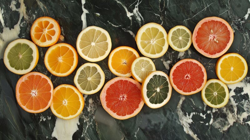 A Colorful Symphony of Sliced Citrus Fruits in a Circular Array Stock ...
