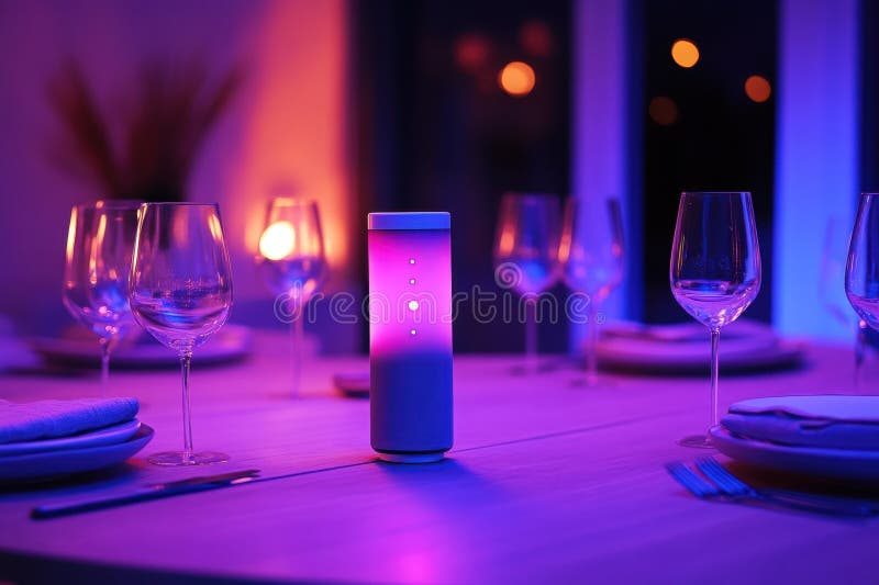 Colorful Table Setting with Glowing Speaker for a Stylish Dinner Party ...