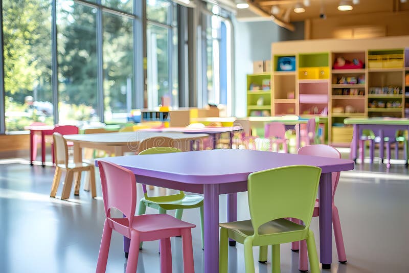 Colorful Tables and Chairs in a Modern Kindergarten Classroom Stock ...