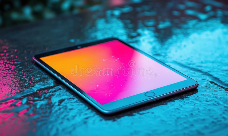 Colorful Tablet on Wet Surface with Raindrops Reflecting Vibrant Hues ...