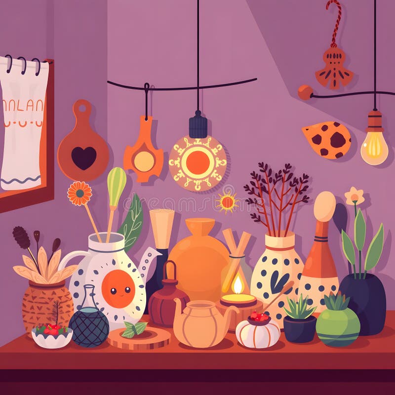 Colorful Tabletop Arrangement of Decorative Vases and Plants in a Cozy ...