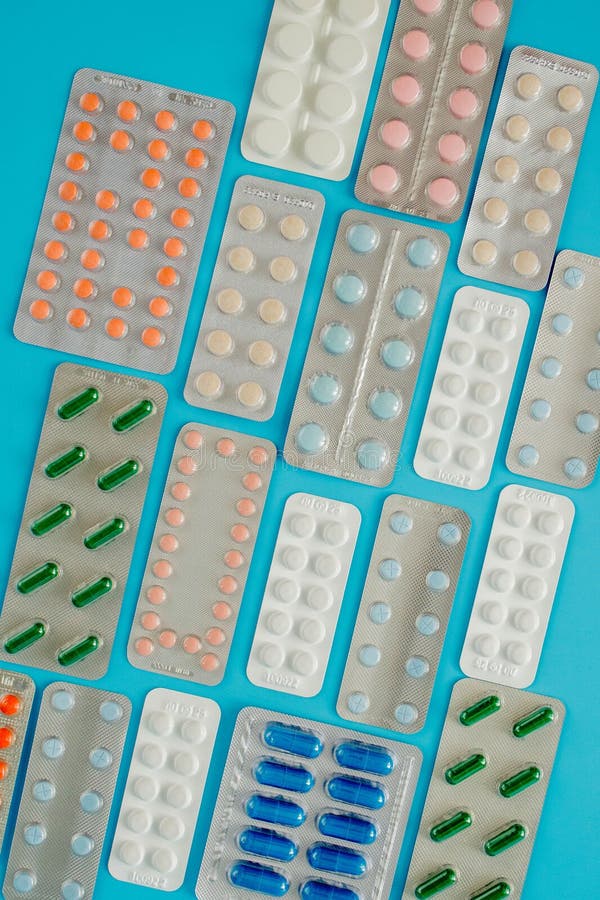 Assorted Medication Supplements Arranged Light Blue Background Stock ...