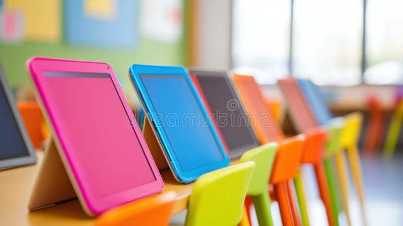 Colorful Tablets on Desks in a Bright Classroom Stock Illustration ...
