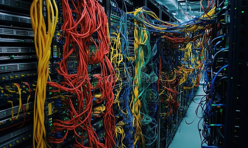 Colorful Tangled Cables in Server Room Showcasing Complex Network ... Colorful Tangled Cables in Server Room Showcasing Complex Network ...