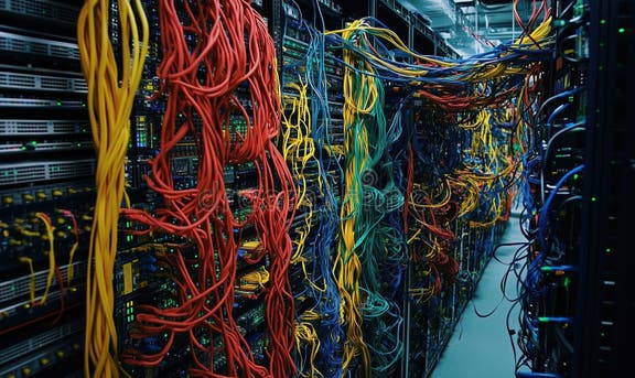 Colorful Tangled Cables in Server Room Showcasing Complex Network ...