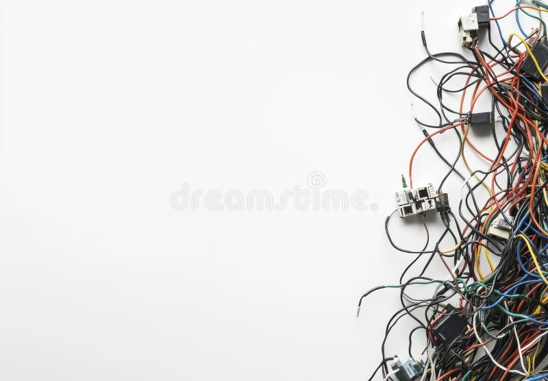 Colorful Tangled Electrical Wires and Components on White Background ...