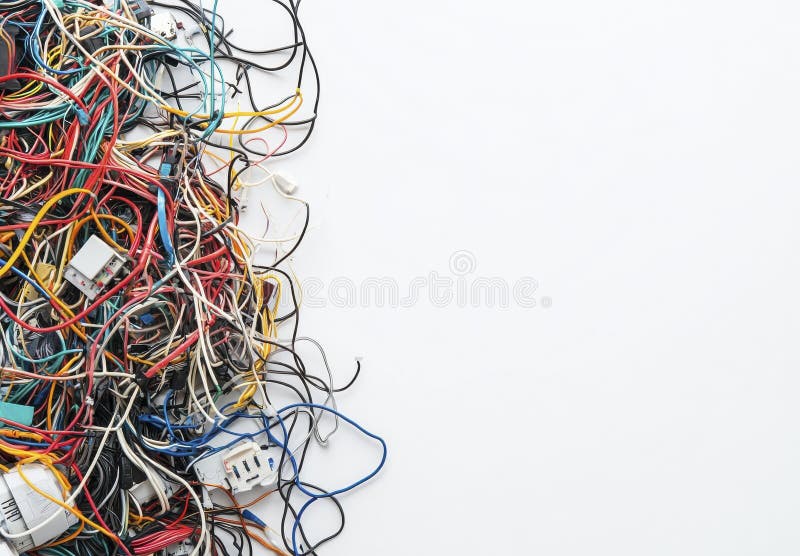 Colorful Tangled Wires and Electronic Components on White Background ...