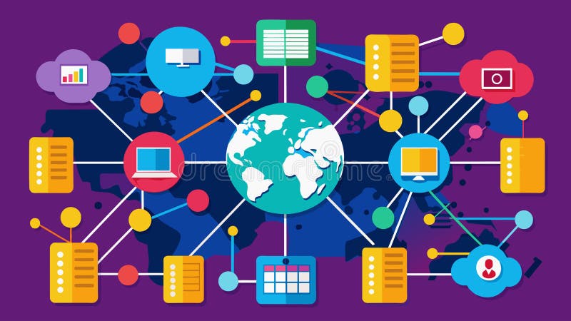 A Colorful Tapestry of Communication Nodes and Data Centers Illustrating the Global Reach and ...