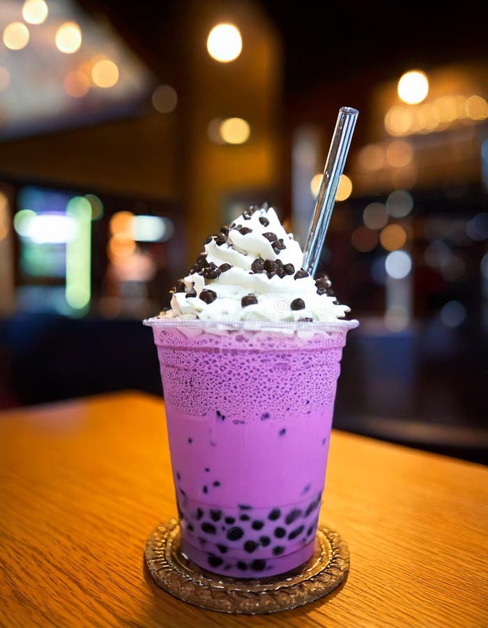 Colorful Taro Milk Tea Served in Transparent Cup with Tapioca Pearls ...