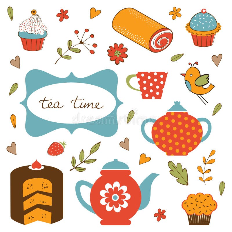 Colorful tea party set stock vector. Illustration of porcelain - 60566747