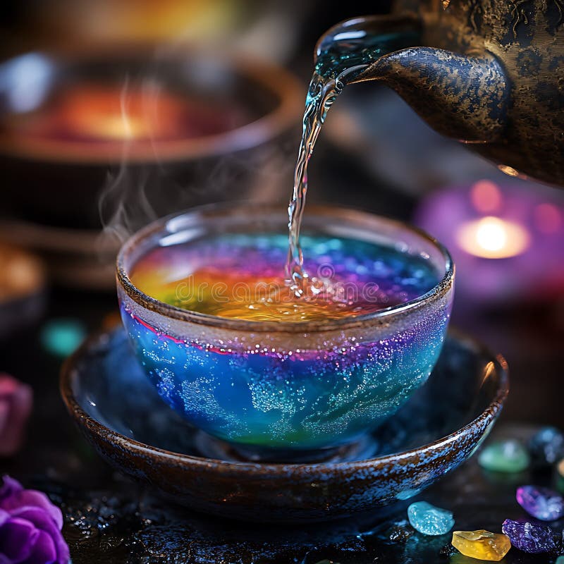 Colorful Tea Pouring into a Bowl with Steam, Artistic Presentation ...
