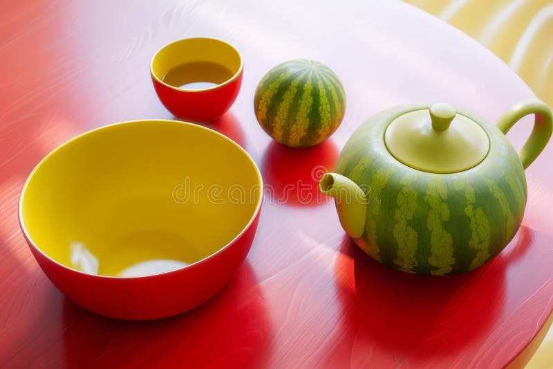 A Colorful Tea Set and Bowls with a Watermelon Theme on a Red Table ...