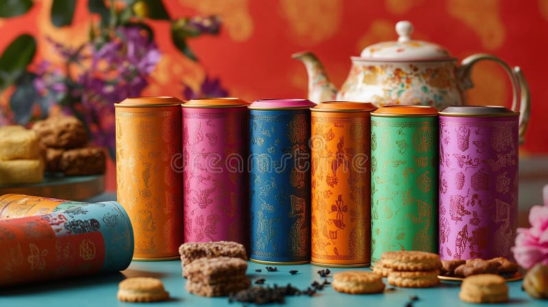 Colorful Tea Tins with Biscuits and Teapot Stock Illustration ...