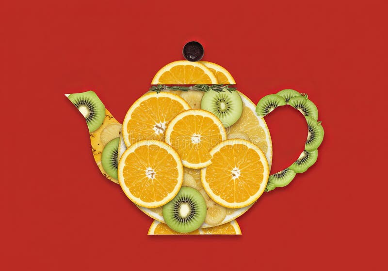 Colorful Teapot Collage with Citrus and Kiwi on Bold Red Background ...