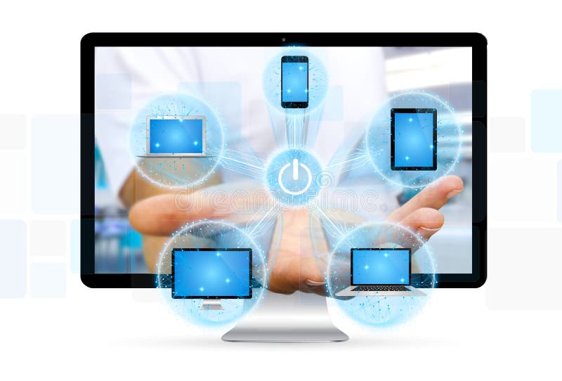 Colorful Tech Devices and Icons Applications in Businessman Hand Stock ...