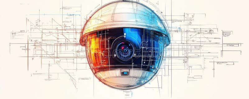 Colorful Technical Sketch of a Modern Spherical Security Camera ...