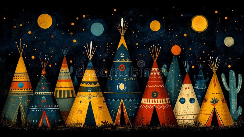 Colorful Teepees Under a Starry Night Sky with Vibrant Designs and ...