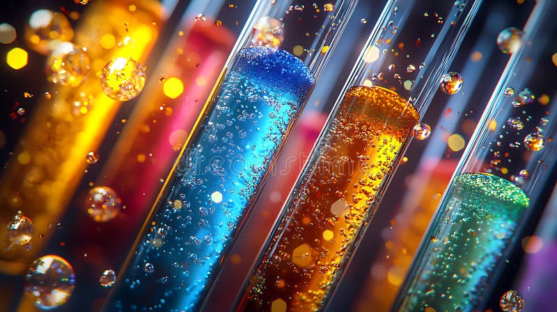 Colorful Test Tubes Filled with Enzyme Solutions, Showcasing Bubbles ...