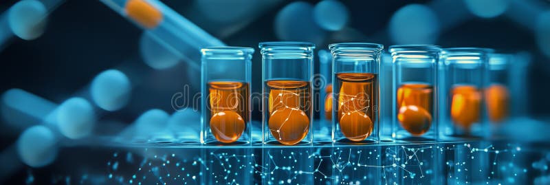 Colorful Test Tubes Laboratory Glowing Particles Blue Background Stock ...