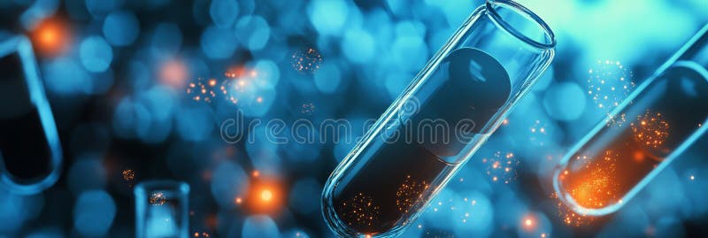 Colorful Test Tubes in Laboratory with Glowing Particles and Blue ...