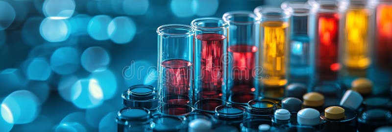 Colorful Test Tubes in Laboratory with Glowing Particles and Blue ...