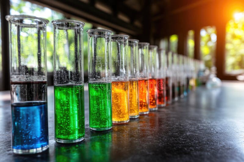 Colorful Test Tubes in a Laboratory Setting with Varied Liquid Samples ...