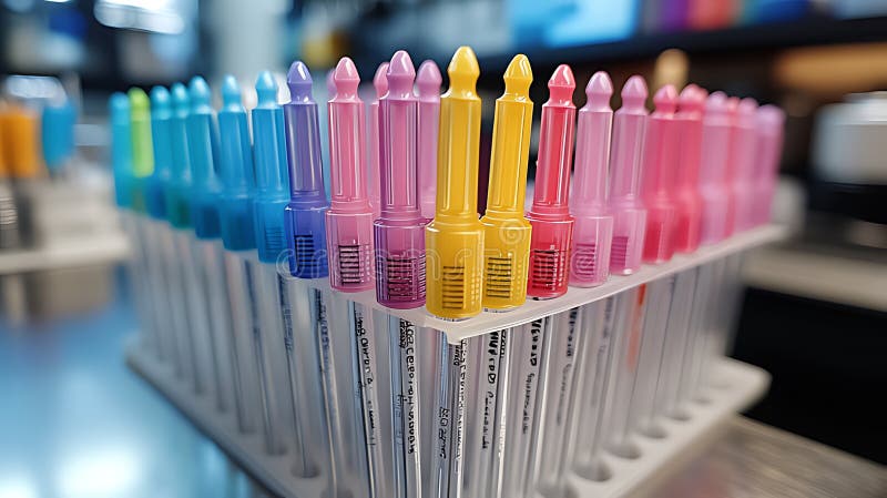 Colorful Test Tubes in a Rack, Close-up View Stock Illustration ...