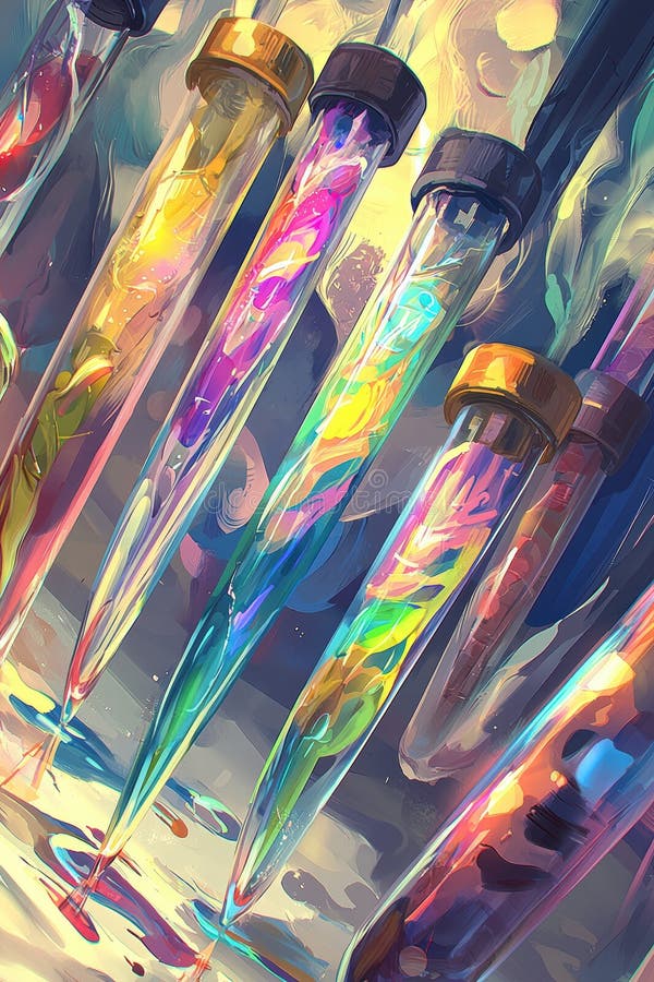 Colorful Test Tubes with Swirling Paints in Laboratory Setting Stock ...