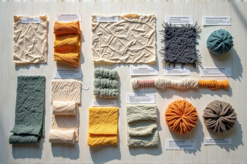 Colorful Textile Swatches and Yarn Arranged on a Table Stock Image ...