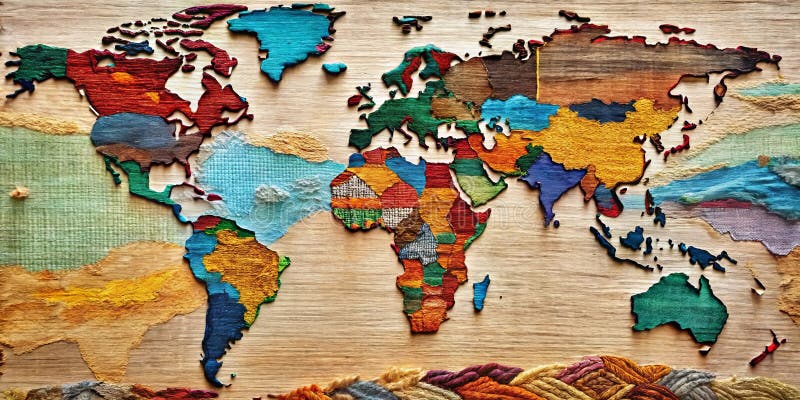 A Colorful Textile World Map Depicting Global Interconnectivity through Vibrant Patchwork ...