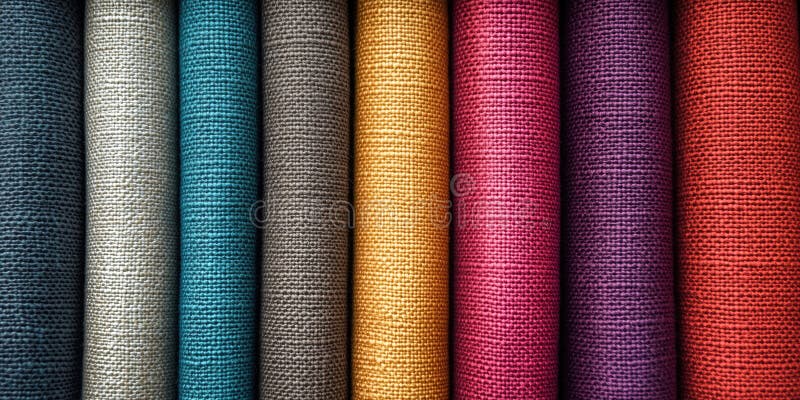 Colorful Textiles Displayed in Vertical Rolls Featuring Various Fabrics ...