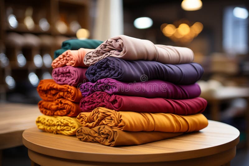 Colorful Textiles Stack in a Fabric Store with a Blurred Background ...