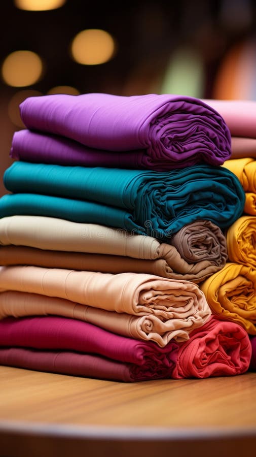 Colorful Textiles Stack in a Fabric Store with a Blurred Background ...